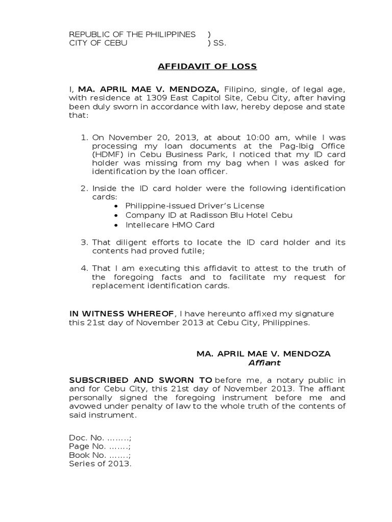 Affidavit of Loss - Template | PDF