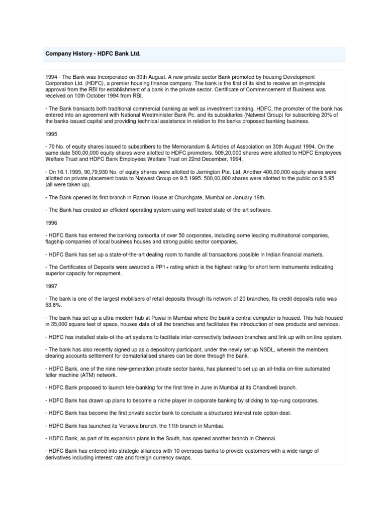 Company History - HDFC Bank LTD | PDF | Debit Card | Banks