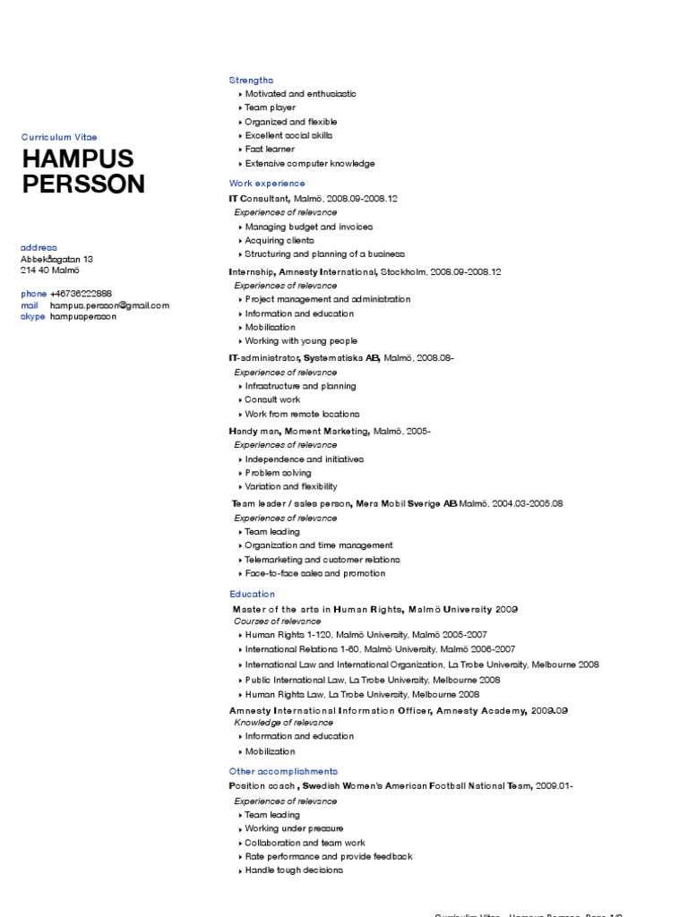 Hampus Perssons Cv Pdf Operating System Computing