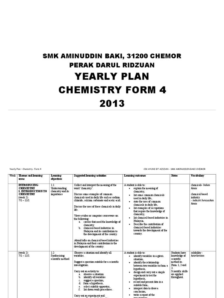 Yearly Plan Chemistry Form 4 2013: SMK Aminuddin Baki, 31200 Chemor Perak Darul Ridzuan | PDF ...