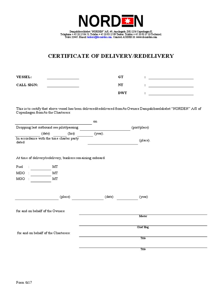 Nord N: Certificate of Delivery/Redelivery | PDF