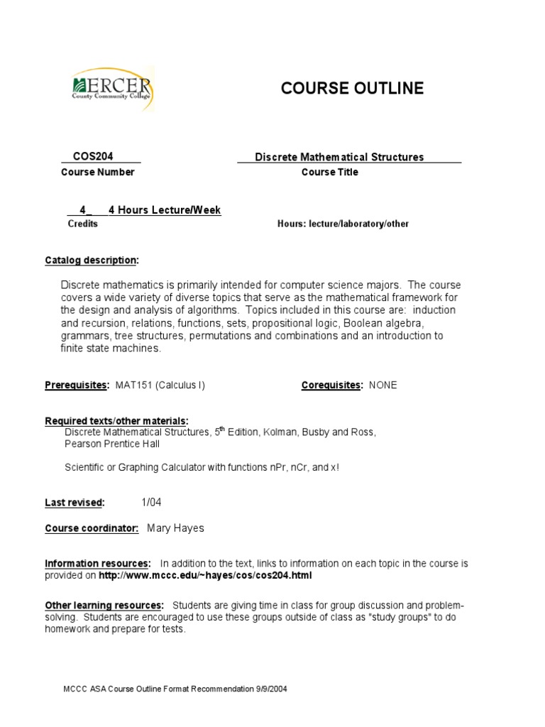 Course Outline: 4 - 4 Hours Lecture/Week | PDF | Mathematical Proof ...