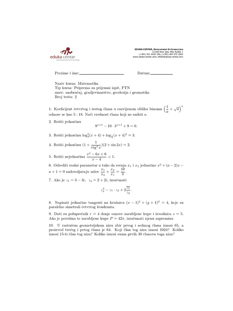 Priprema Za Prijemni Ispit Primer 2, FTN | PDF