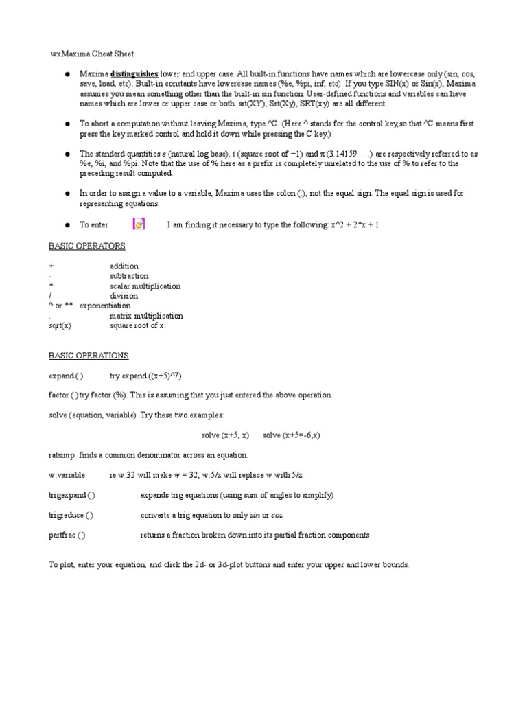 Wxmaxima Cheat Sheet | PDF | Matrix (Mathematics) | Fraction (Mathematics)