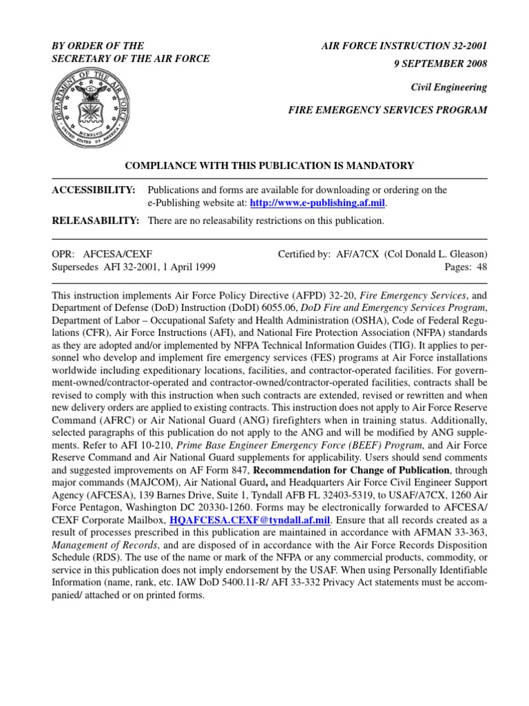 AFI 32-2001 (Fire Emergency Services Program) | PDF | Fire Safety ...