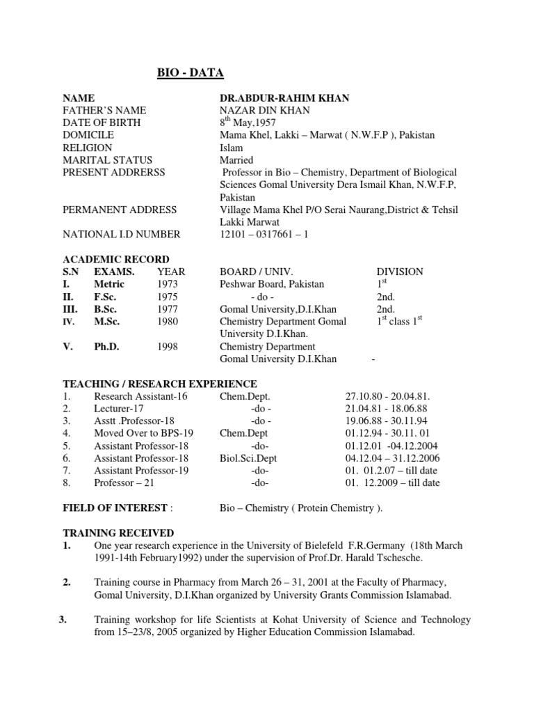 DR Abdur Rahim Khan-Cv | PDF | Postgraduate Education | Further Education