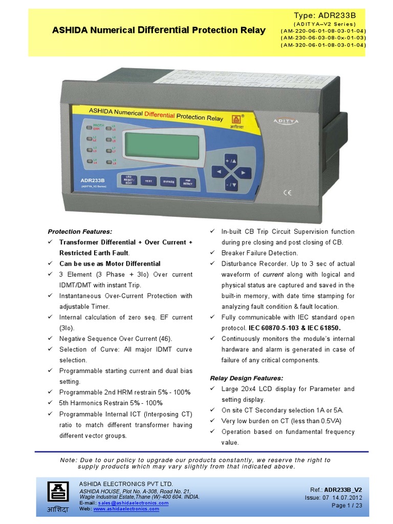 ASHIDA Numerical Relay | PDF | Transformer | Relay