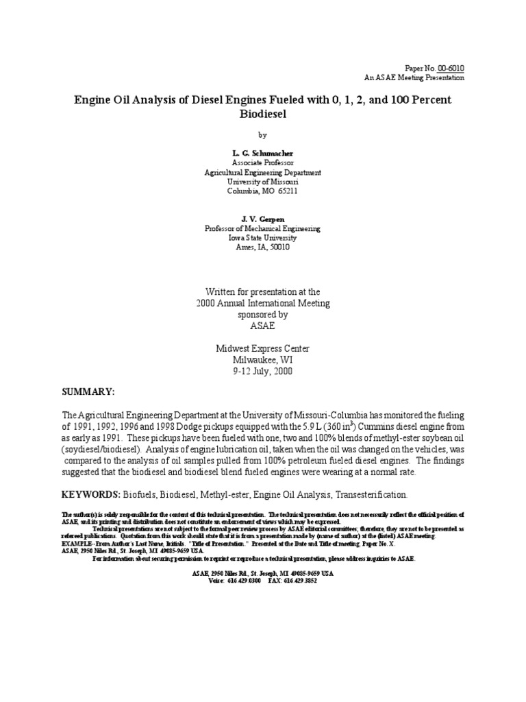 Engine Oil Analysis of Diesel Engines Fueled With 0, 1, 2, and 100 ...