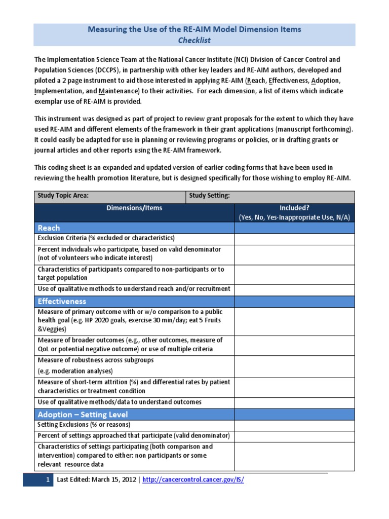 RE-AIM Model Checklist Guide | PDF | Qualitative Research | Science