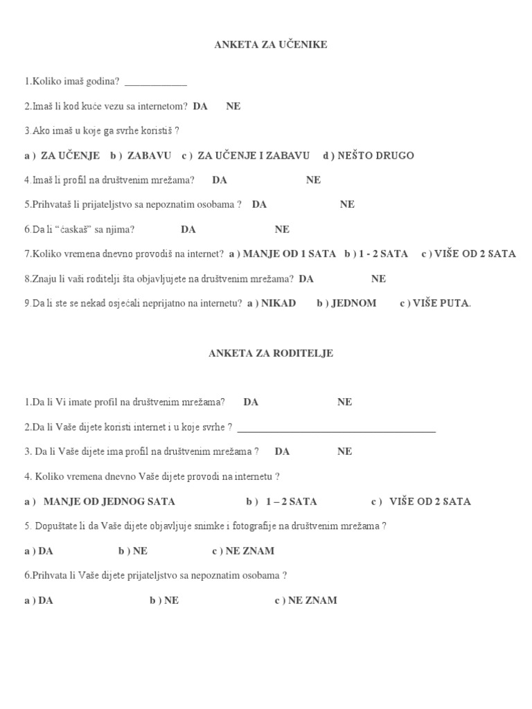 Anketa Za Učenike | PDF