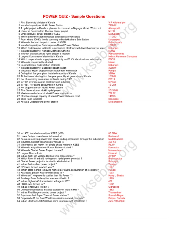 Power Quiz Sample | PDF | Hydroelectricity | Power Station