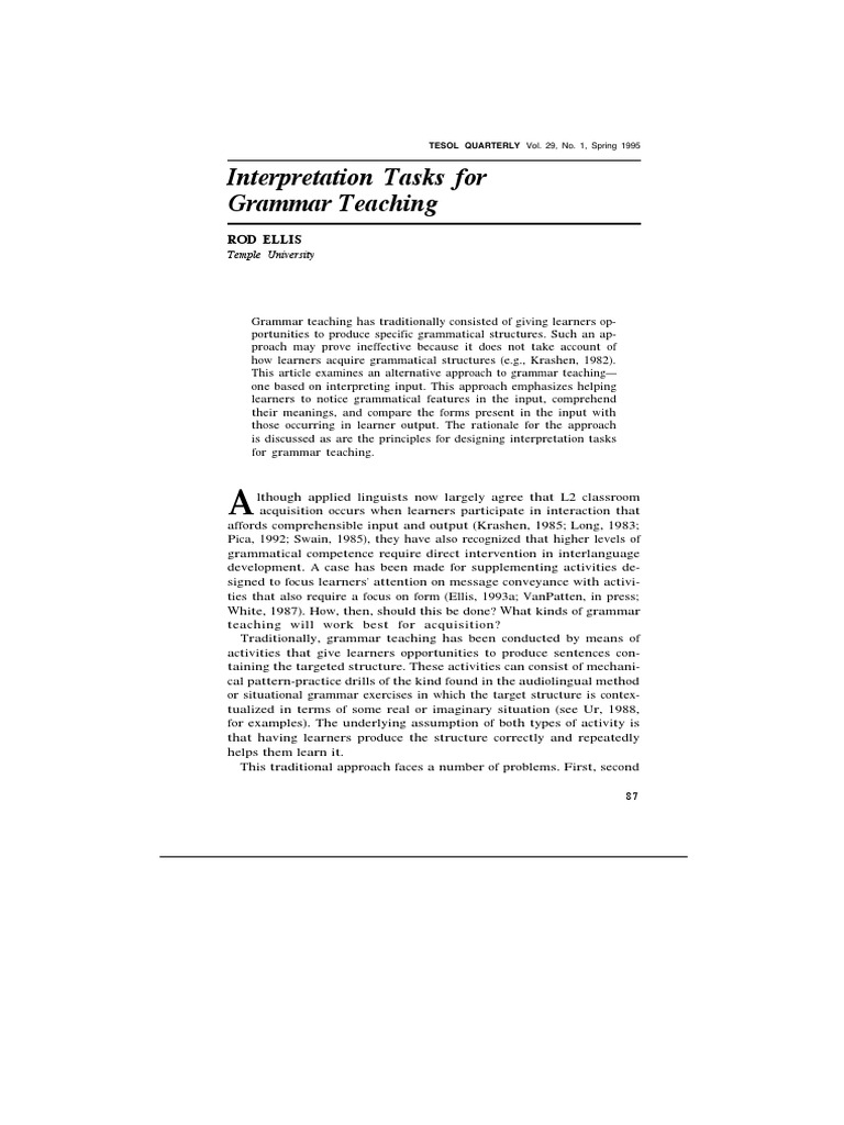 Rod Ellis 1995 Interpretation Tasks For Grammar Teaching TESOL ...