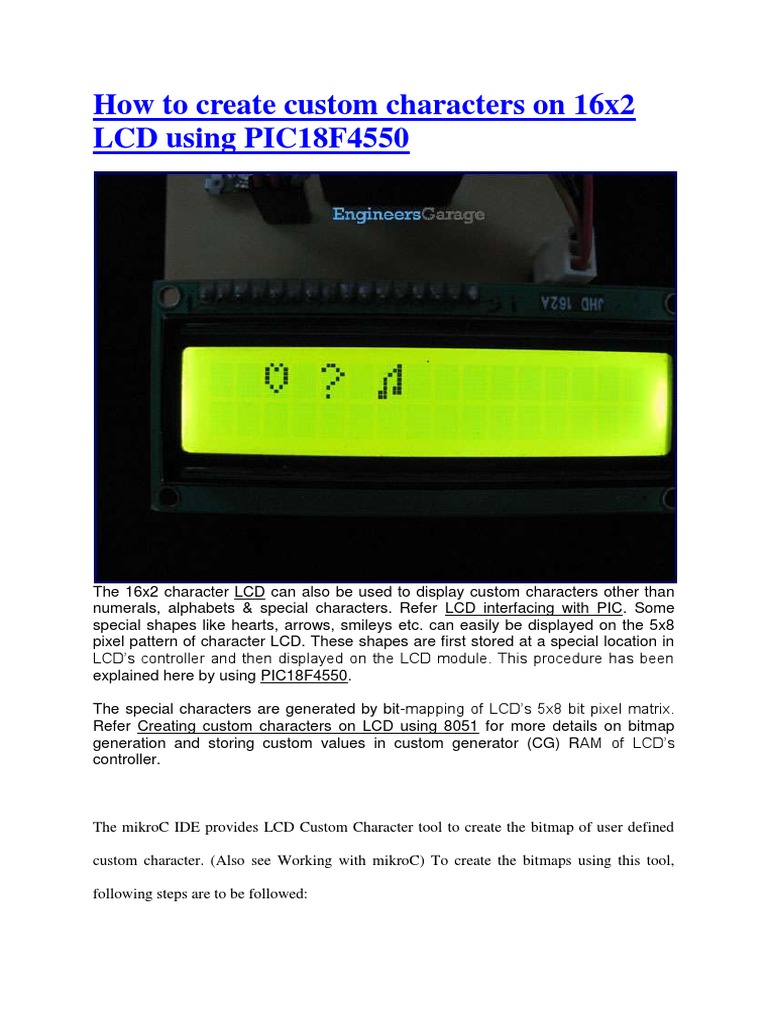 How To Create Custom Characters On 16x2 Lcd Using Pic18f4550 Pdf Liquid Crystal Display 8308