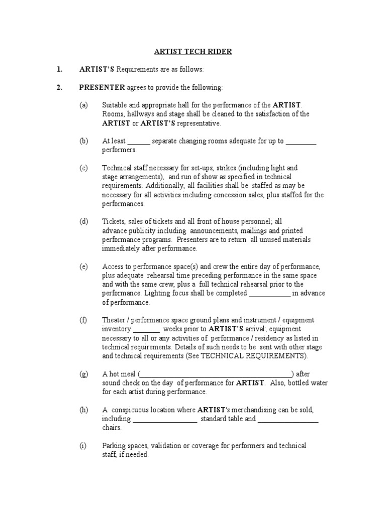 Comprehensive Artist Tech Rider Template | PDF | Microphone | Sound