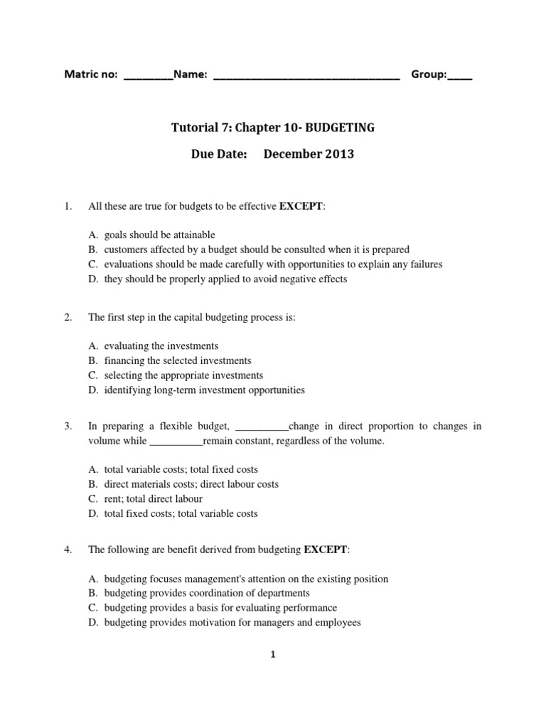 Budgeting Tutorial: Answers to Questions on Preparing and Analyzing ...