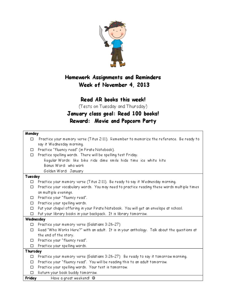 Weekly Homework Assignments & Goals | PDF | Language Arts & Discipline ...