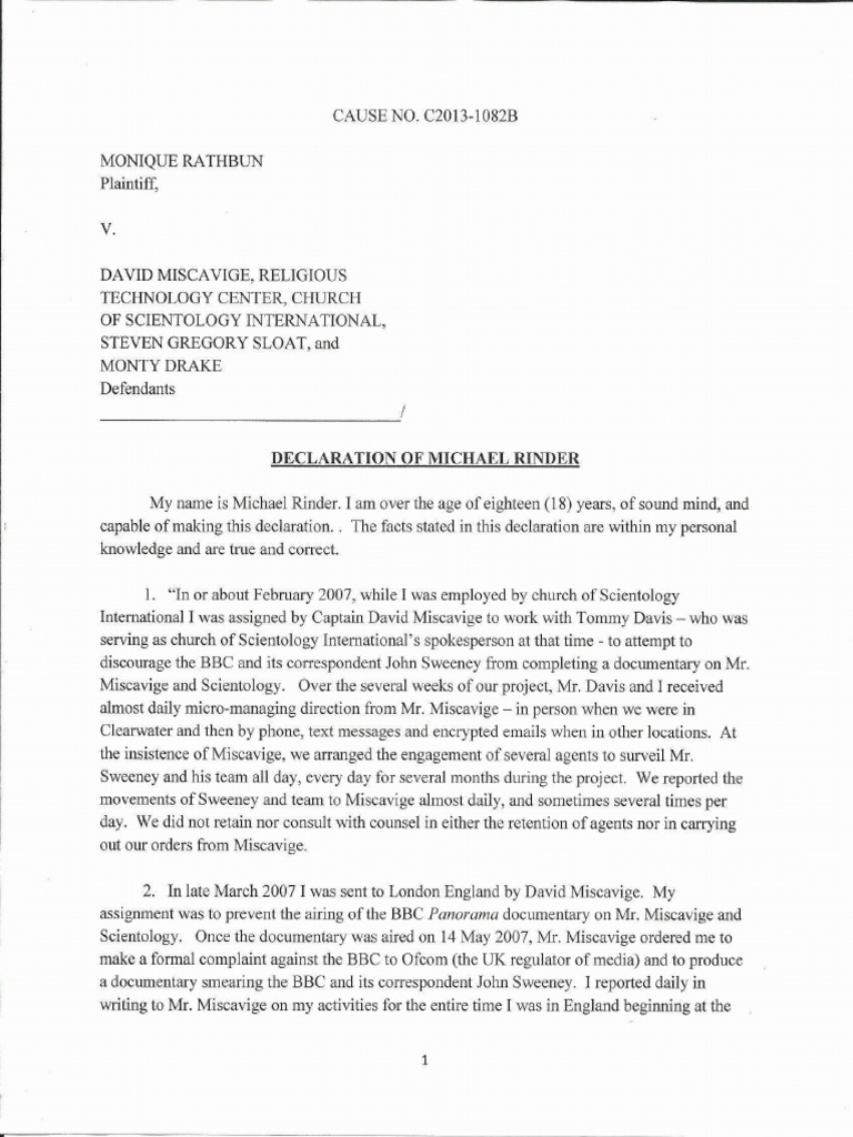 Monique Rathbun V Scientology: Mike Rinder Declaration Re: 2007 Texts ...