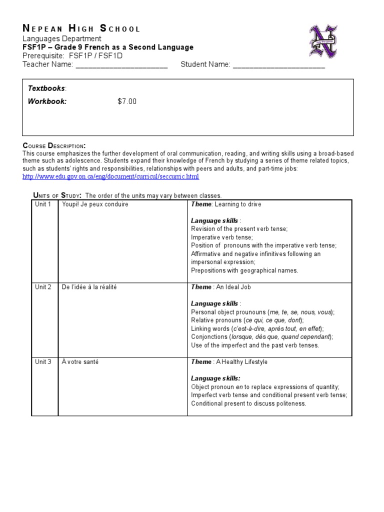 Grade 9 French Language Course Overview | PDF | Grammatical Tense | Verb