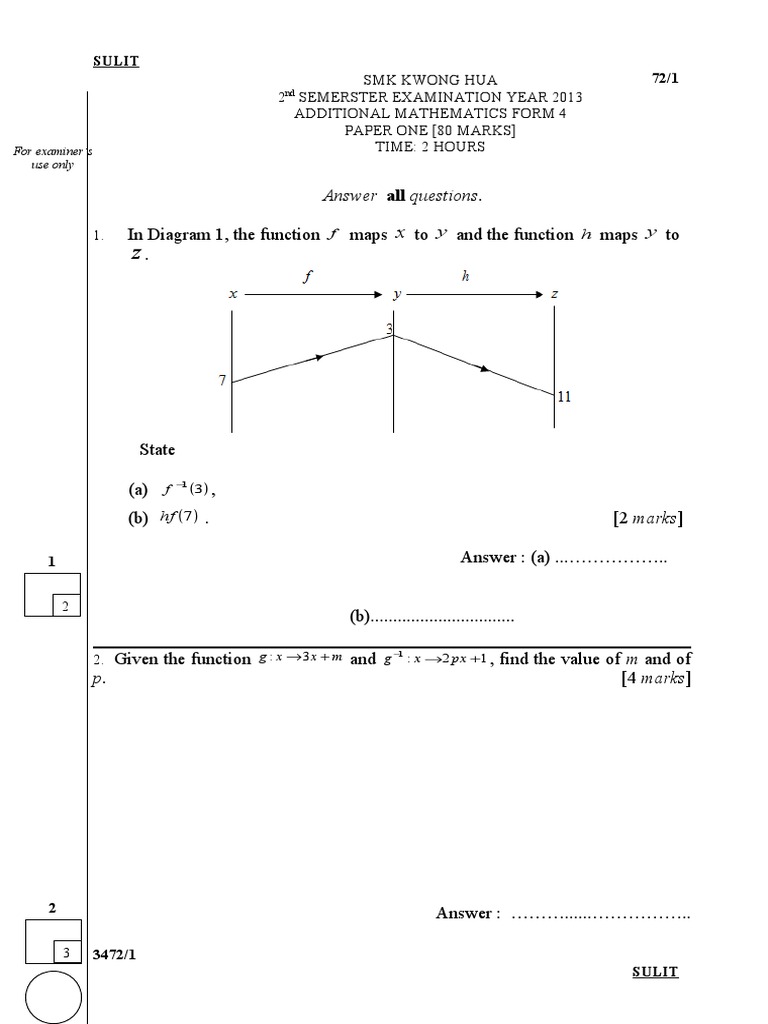 Answer All Questions.: in Diagram 1, The Function Maps To and The ...