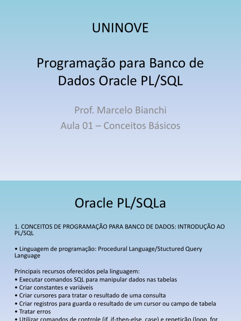 PLSQL - Aula 01 - Conceitos Basicos PDF | PDF | PL/SQL | SQL