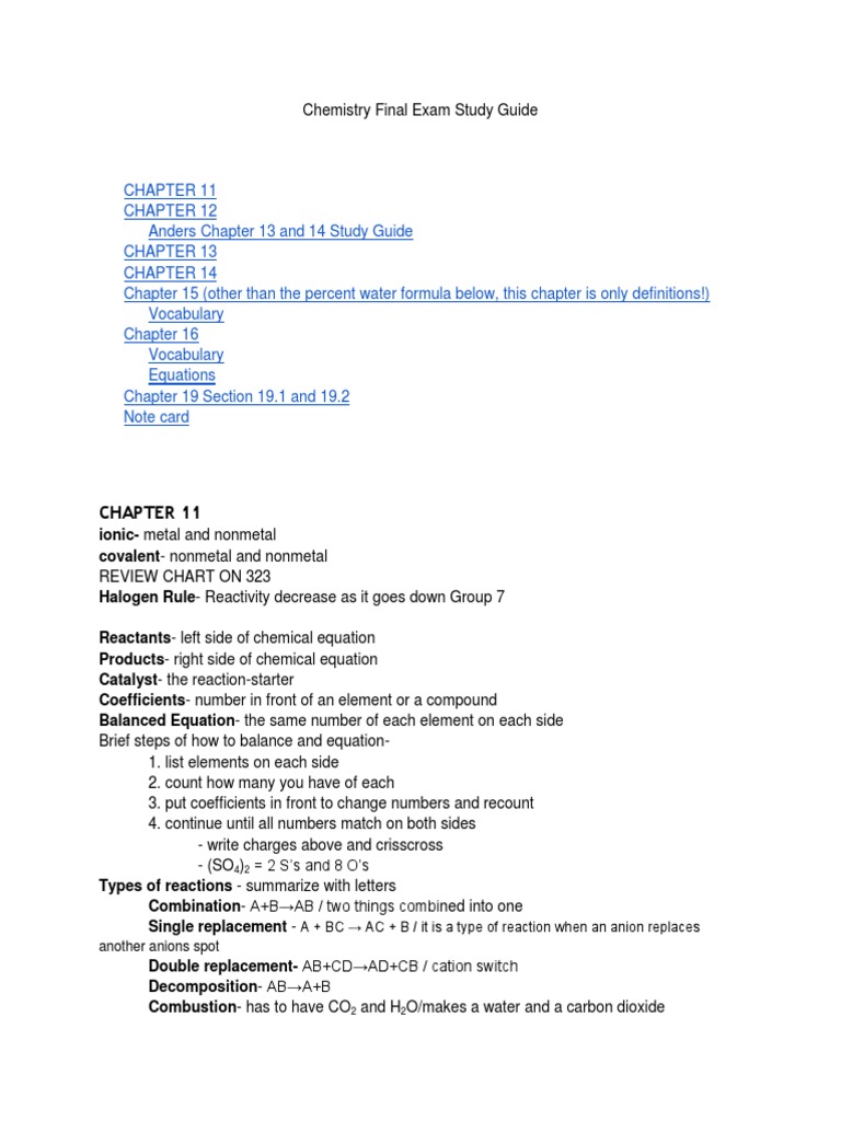 Chemistry Final Exam Study Guide | PDF | Gases | Solution