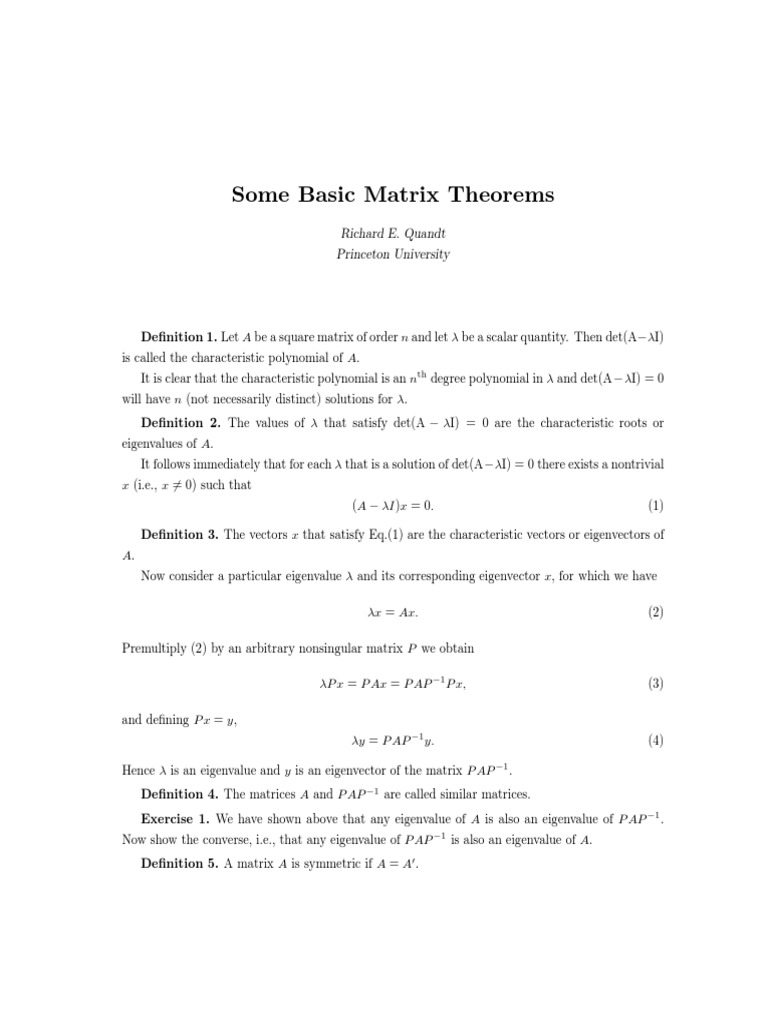 Basic Matrix Theorems | PDF | Eigenvalues And Eigenvectors | Matrix (Mathematics)