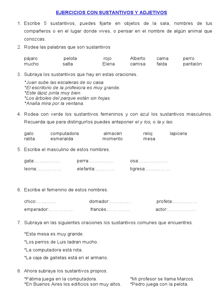Ejercicios Con Sustantivos y Adjetivos | PDF | Adjetivo | Sustantivo
