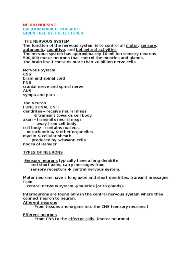 Neuro Nursing Handouts-JM | PDF