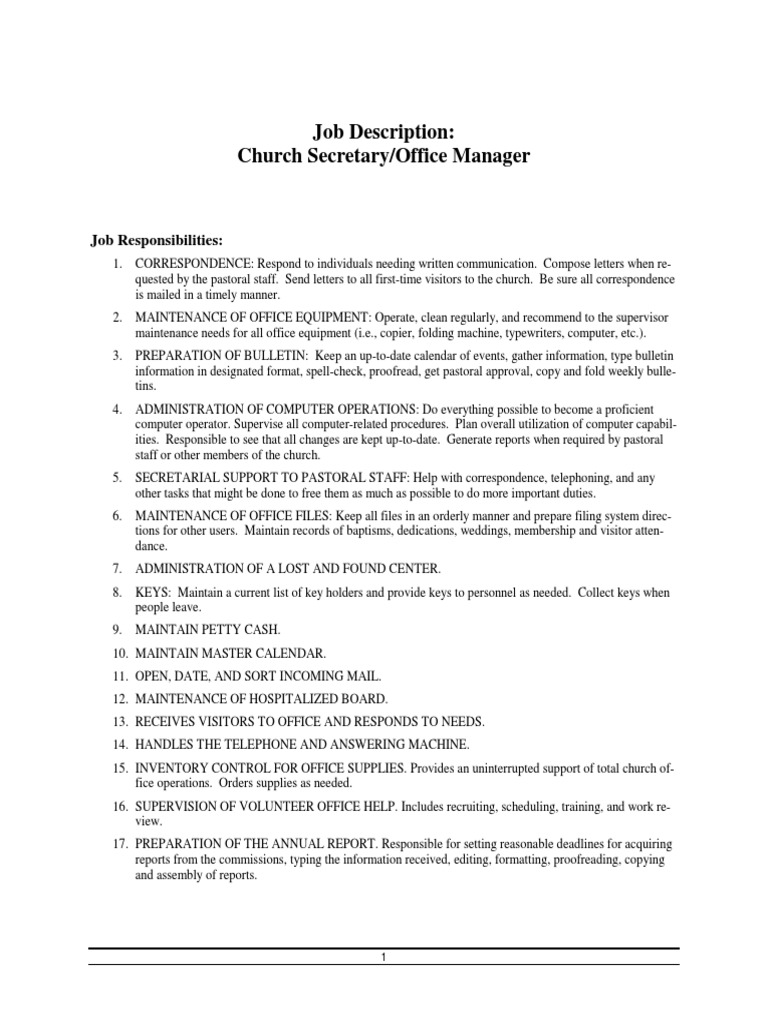 Church Secretary Job Description | PDF | Proofreading | Employment