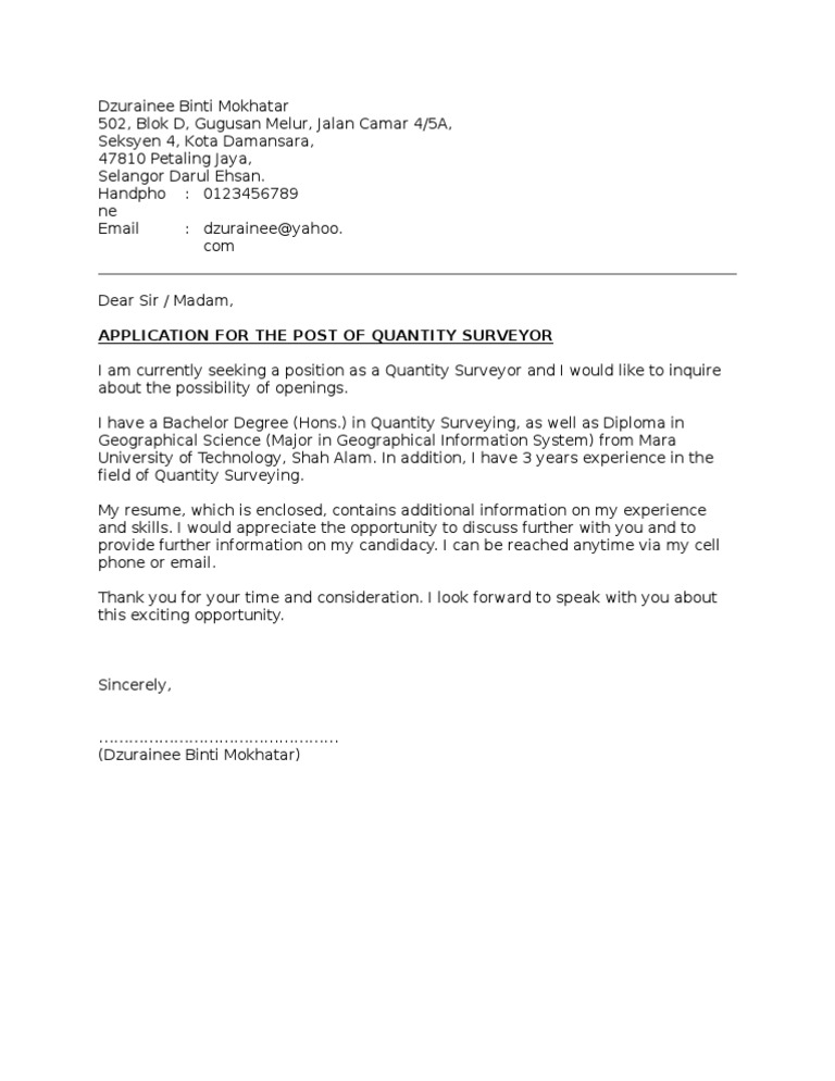 Application for Quantity Surveyor Position | PDF