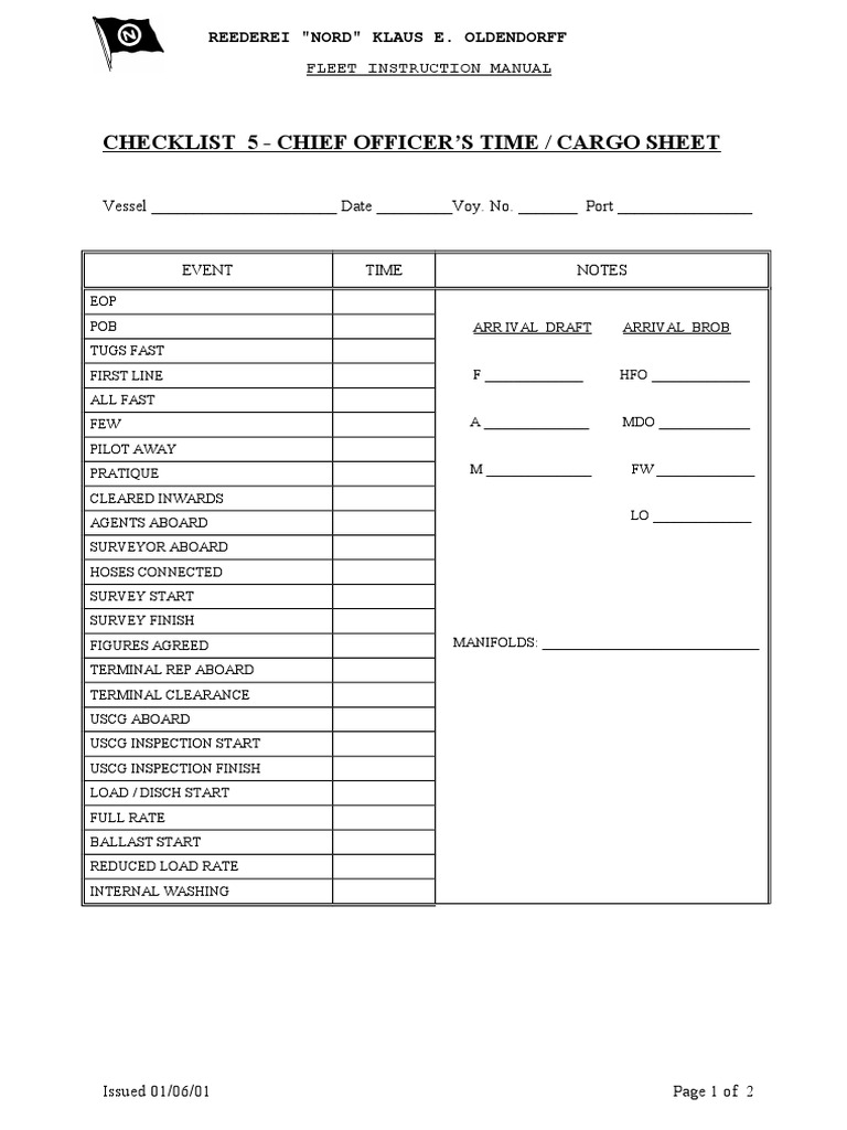 Checklist 5 - Chief Officer'S Time / Cargo Sheet: Fleet Instruction ...