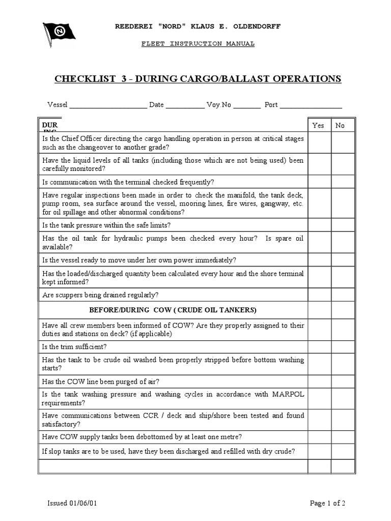 During Cargo-ballast Operations Checklist (Tanker) | Oil Tanker ...