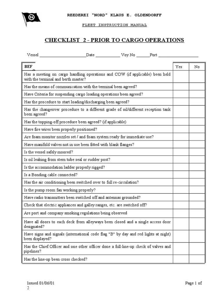 Prior To Cargo Operations Checklist (Tanker) | PDF | Watercraft | Ships
