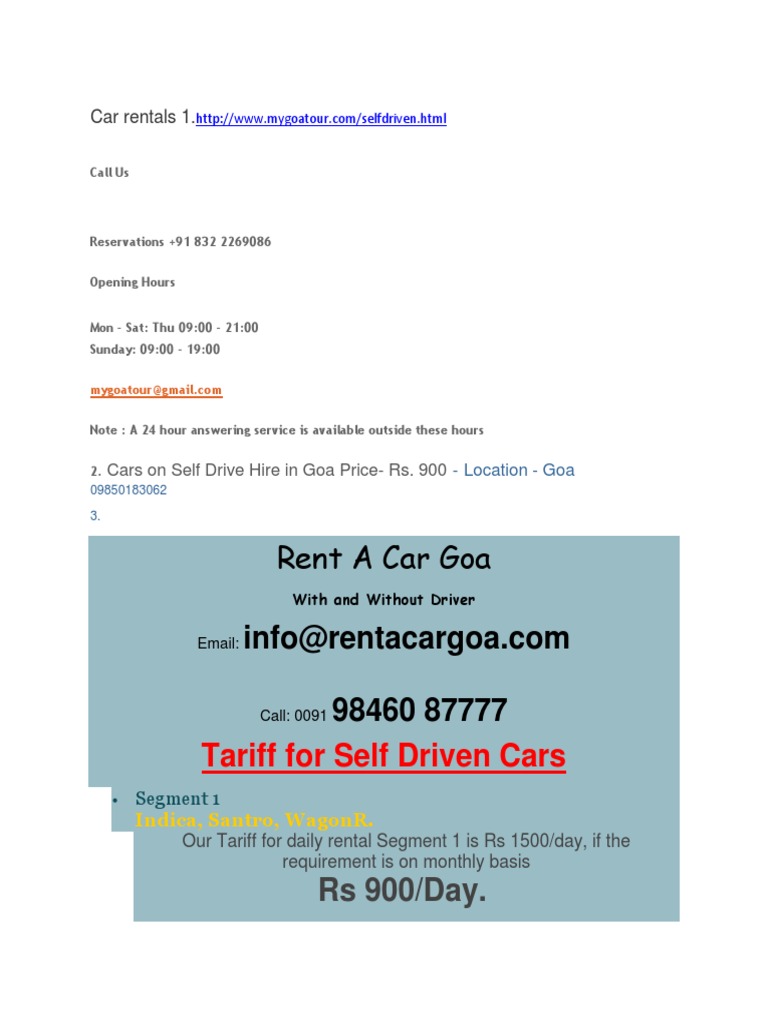 Rent A Car Goa: Tariff For Self Driven Cars | PDF | Leisure | Sports