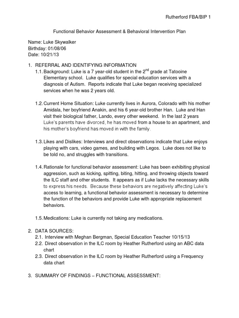 FBA and BIP for Luke's Aggressive Behavior | PDF | Aggression | Special ...