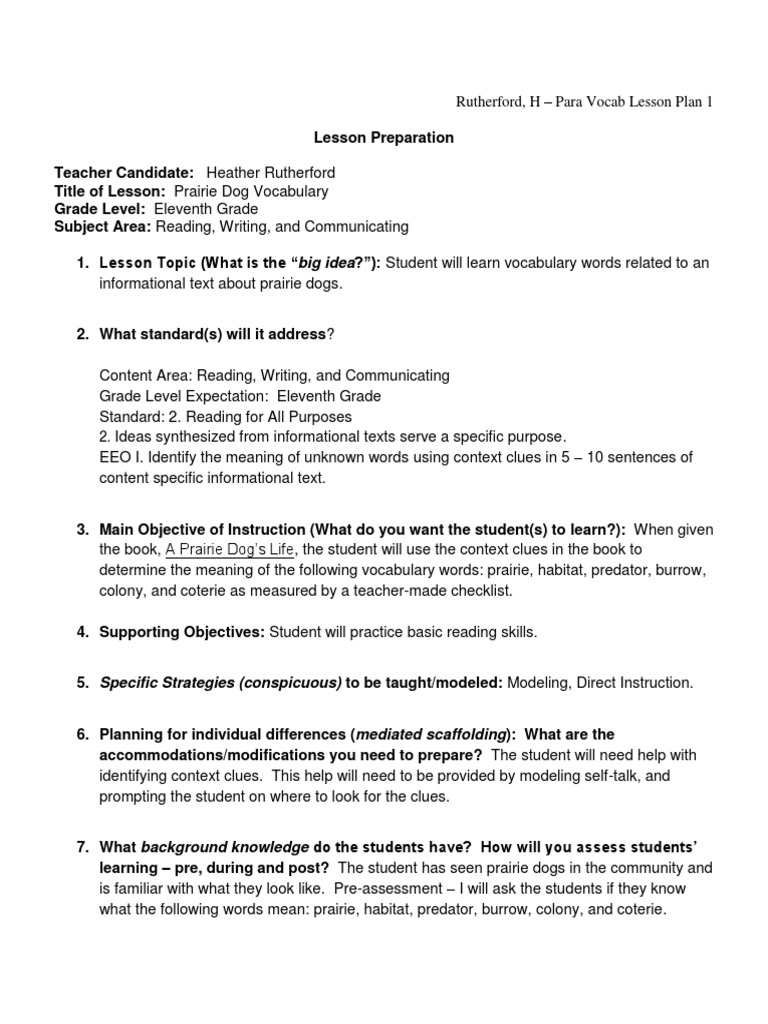 Prairie Dog Vocabulary Lesson Plan | PDF | Vocabulary | Reading (Process)