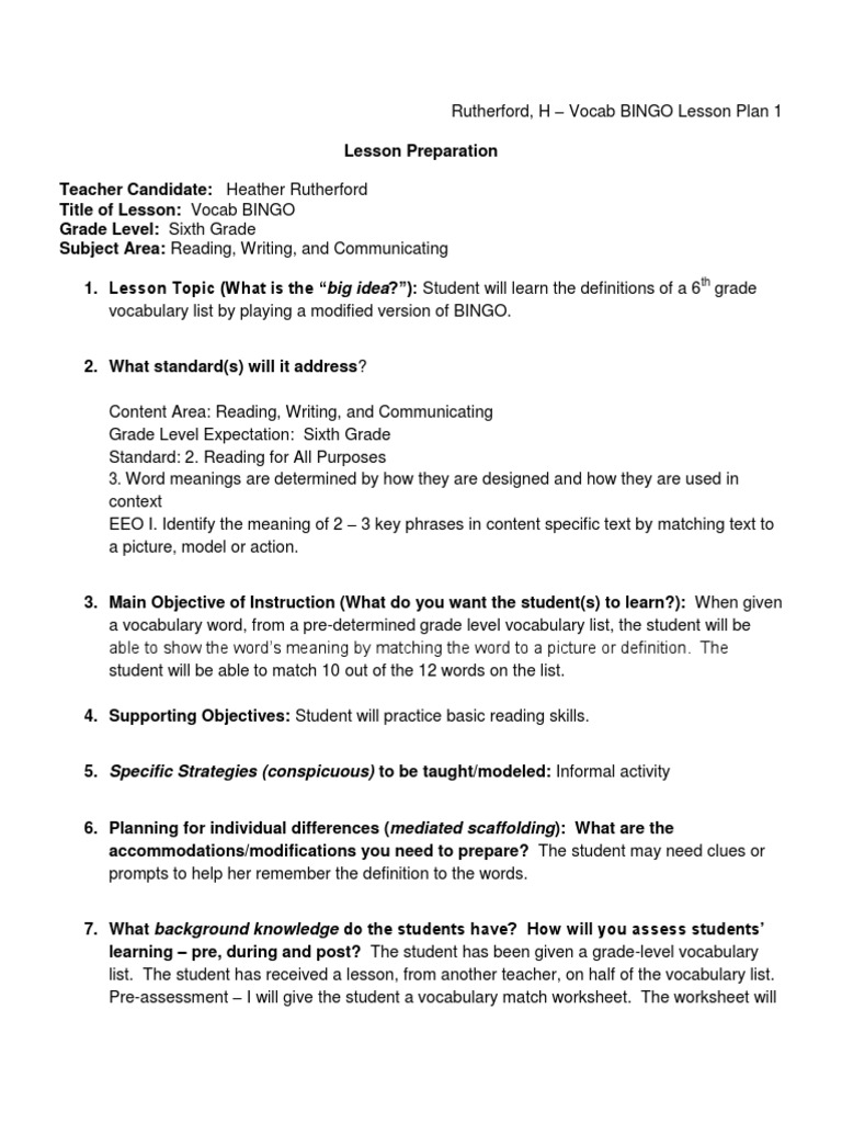 Rutherford Heather Vocab Bingo Lesson Plan | PDF | Vocabulary | Lesson Plan