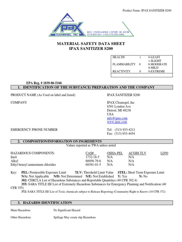 MSDS Ipax Sanitizer S200 | PDF | Firefighting | Personal Protective Equipment