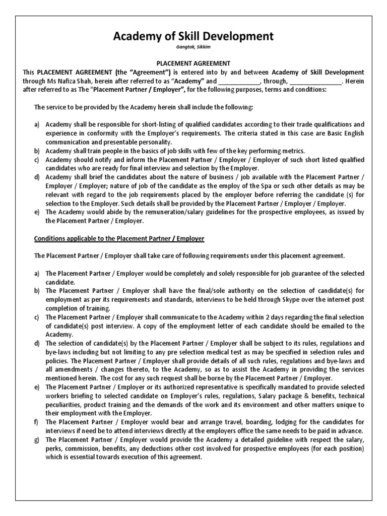Placement Agreement for Job Training | PDF | Employee Benefits | Employment