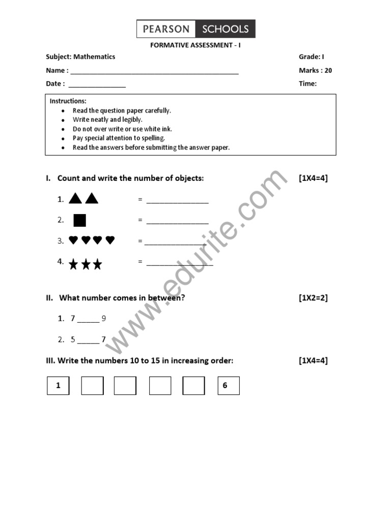 Cbse Class 1 Maths Question Paper FA 1 | PDF