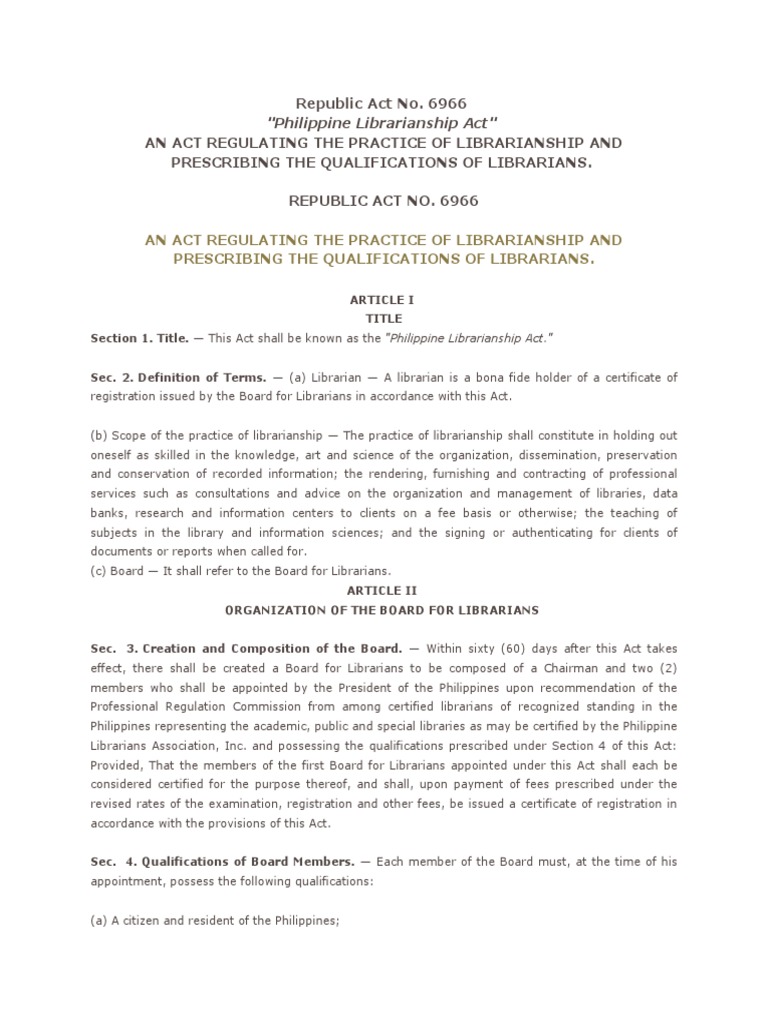 Republic Act No 6966 | Library Science | Librarian | Free 30-day Trial ...