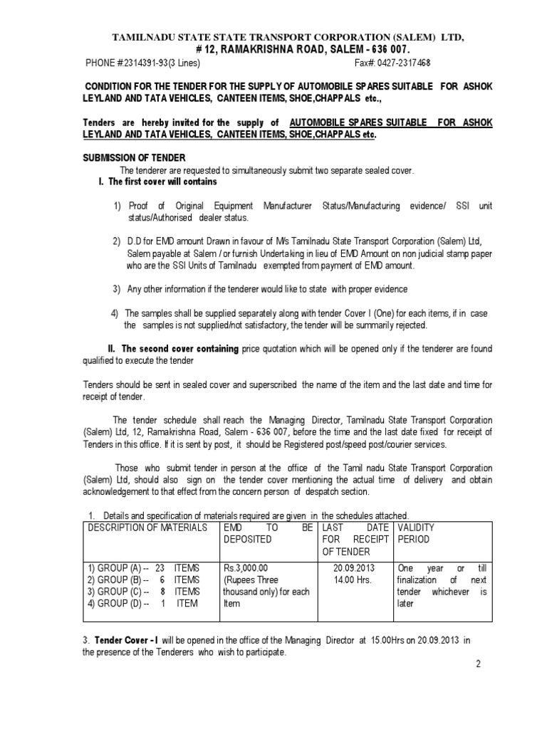 Tamil Nadu state transport corporation tender | PDF | Money | Payments