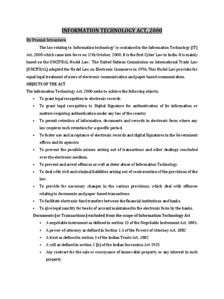 Information Technology Act, 2000: by Pranjal Srivastava | PDF | Public Key Cryptography ...