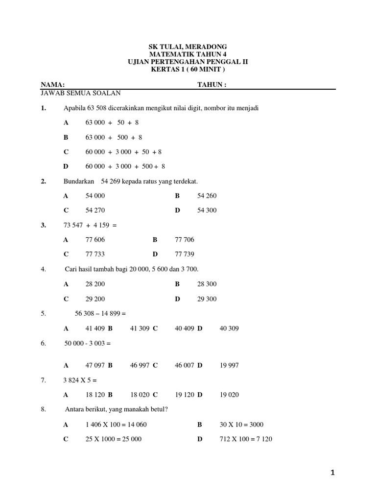 Matematik Tahun 4 Ujian | PDF