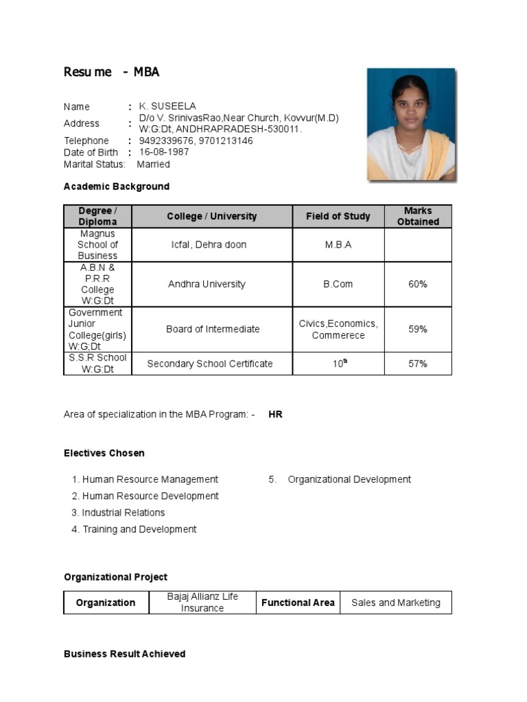 MBA Resume of K. Suseela | PDF | Career & Growth