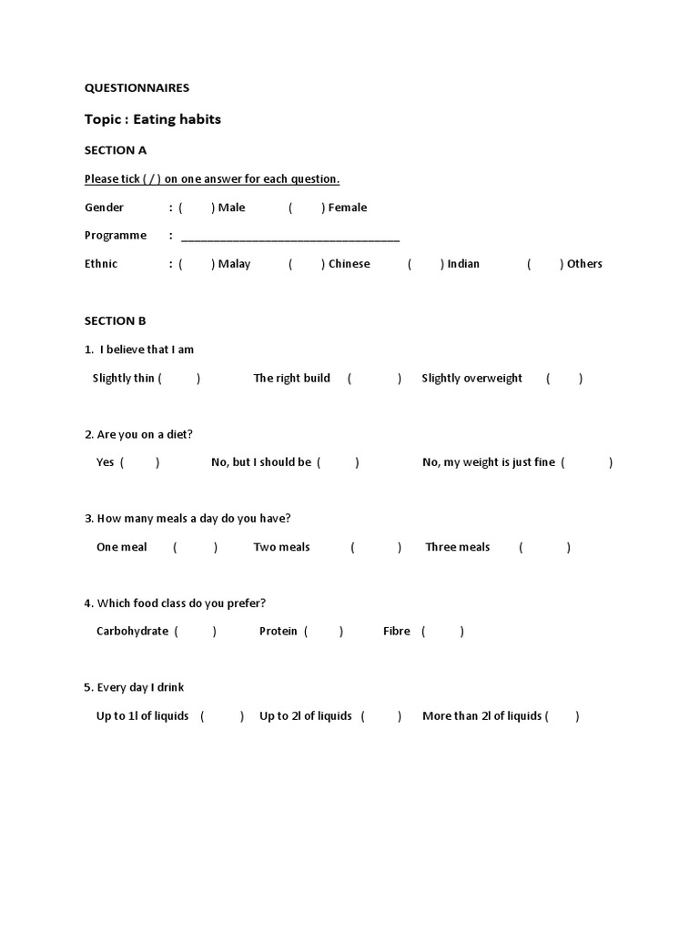 Topic: Eating Habits: Questionnaires | PDF