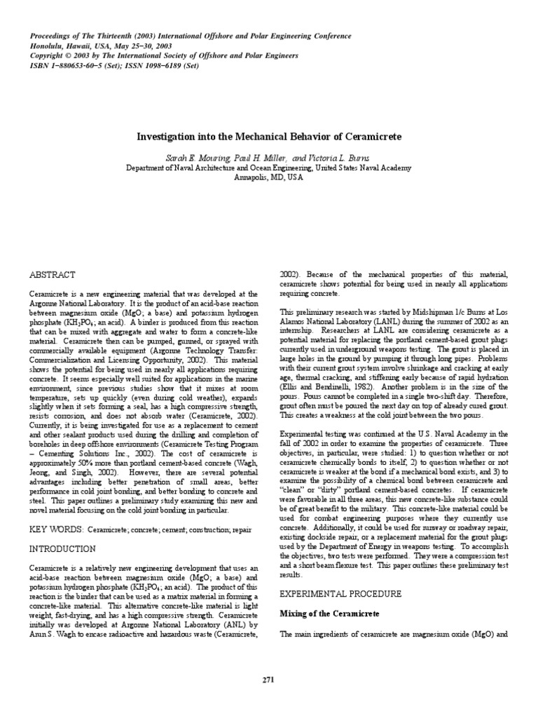 Ceramicrete Mehanical Properties | PDF | Bending | Strength Of Materials