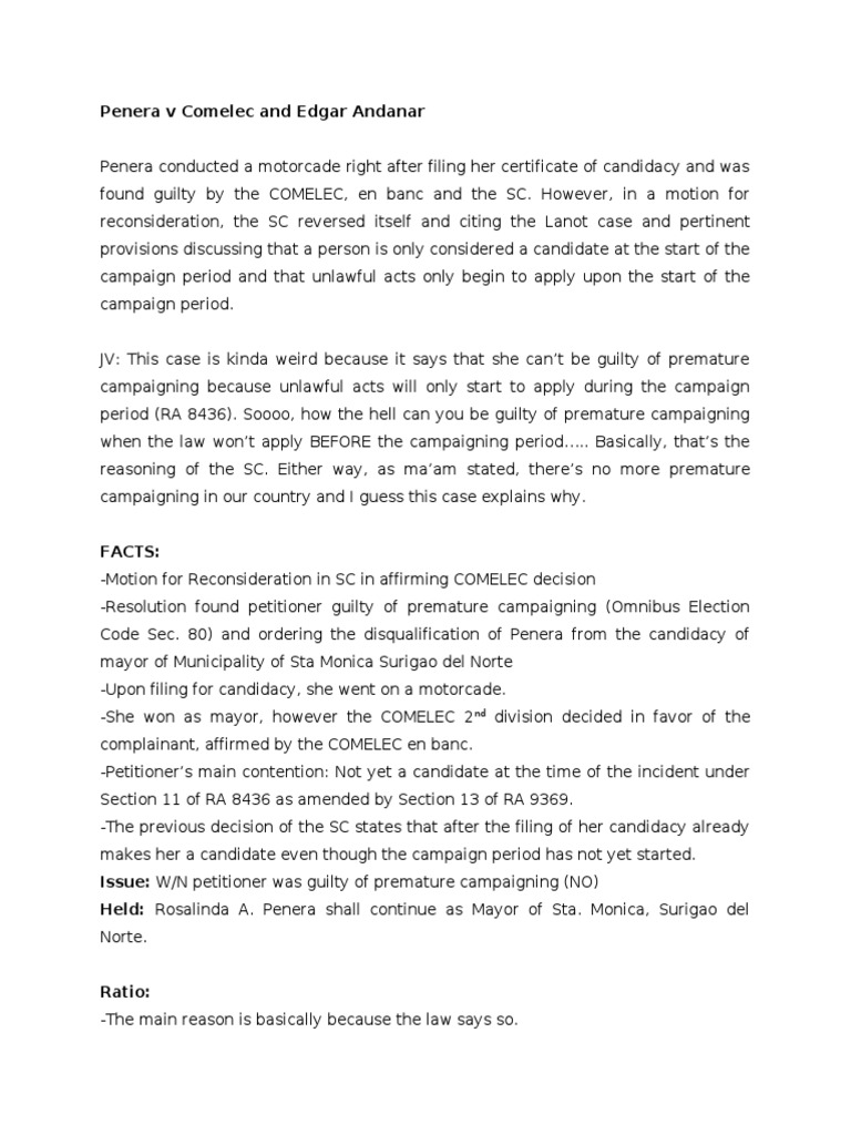 Penera V Comelec and Edgar Andanar | PDF | United States Law ...