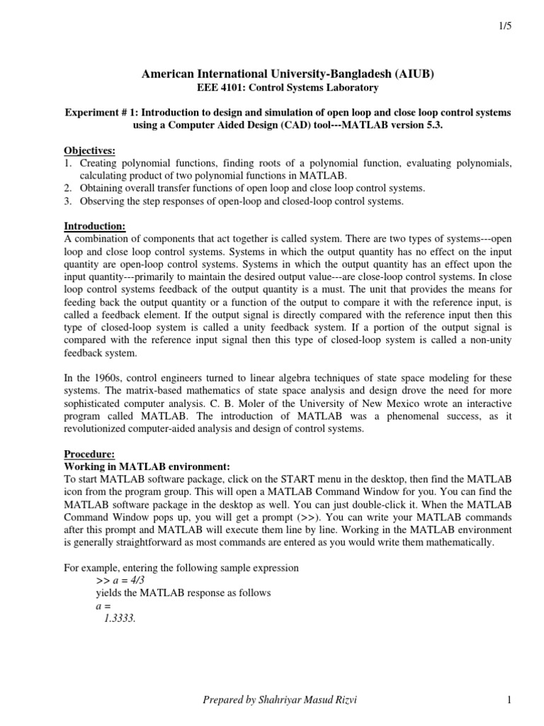 Analysis of Open Loop and Closed Loop Control Systems Using MATLAB | PDF | Control Theory ...