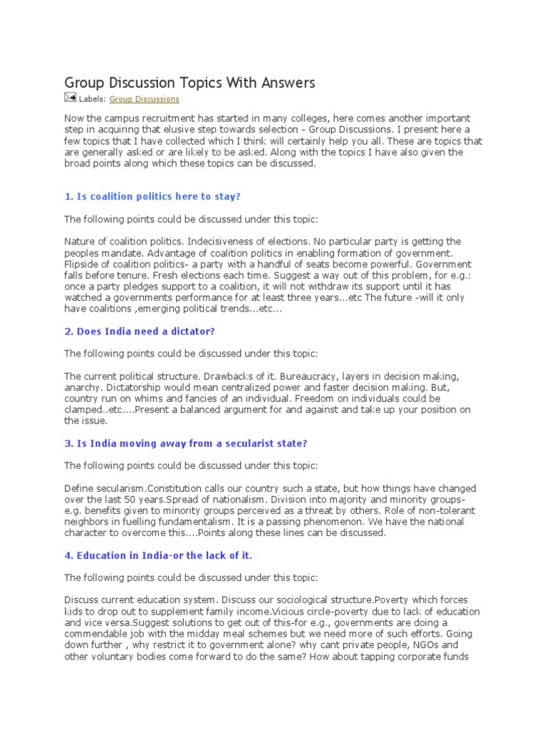 Group Discussion Topics With Answers | PDF | Non Governmental ...